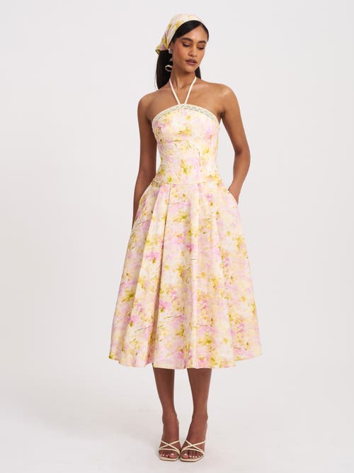 MISS CIRCLE Floral Print Lace Trim Linen Midi Dress
